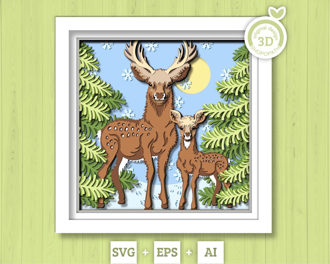 3D Father Deer With Baby Deer in Forest Shadow Box SVG, 3D Forest SVG ...
