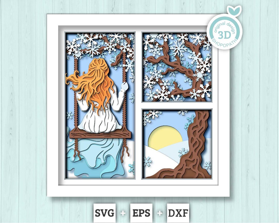 3D SVG Woman on Swing Under Winter Tree Shadow Box, Winter 3D SVG ...