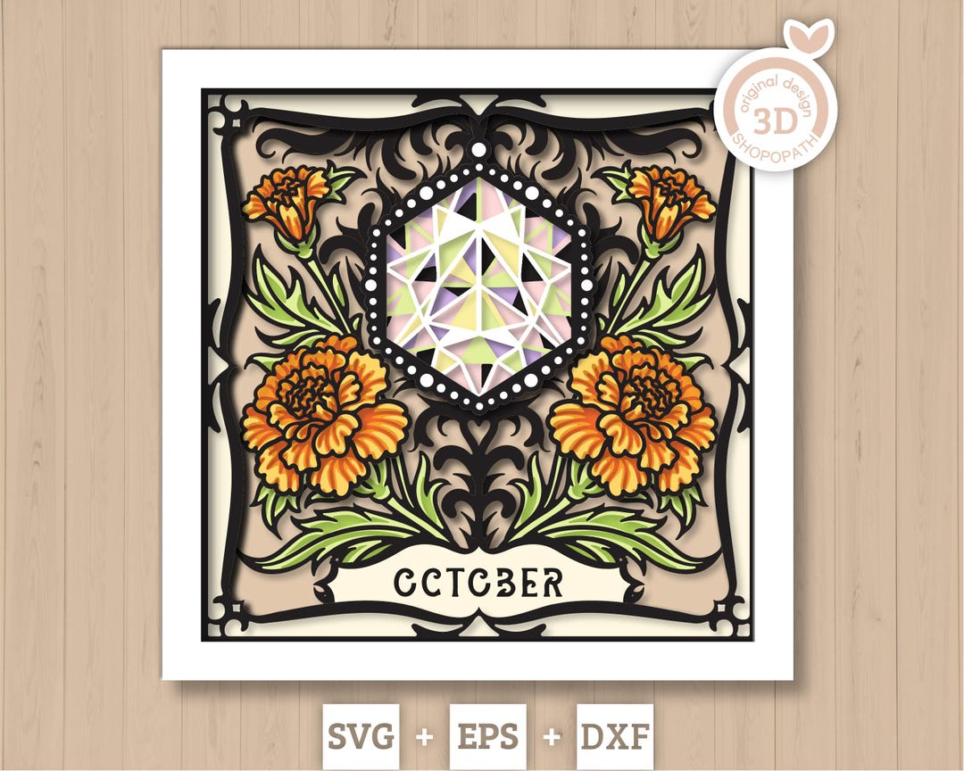 October Shadow Box 3D SVG Birth Month Opal Gemstone With Marigold ...