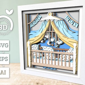 3D Baby Boy Crib Shadow Box SVG, Baby Shower Decor 3d SVG, Cute Baby 3d ...