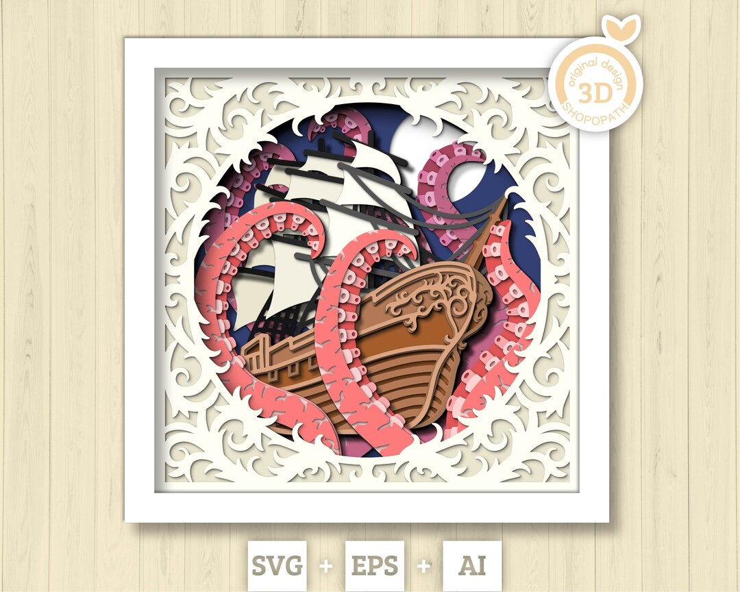 3D SVG Sailing Ship With Tentacles Lace Frame Shadow Box, Ship 3D Svg ...