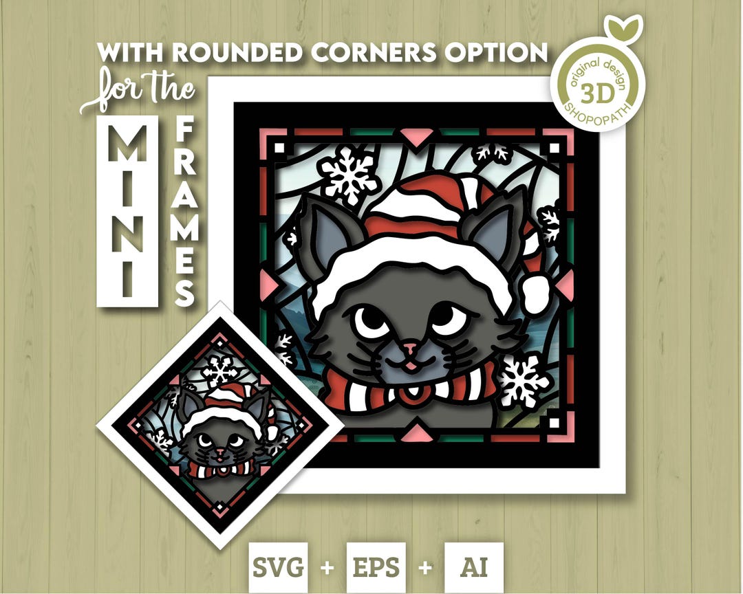 3D SVG Stained Glass Kitten With Santa Hat Shadow Box, 3D SVG Christmas ...