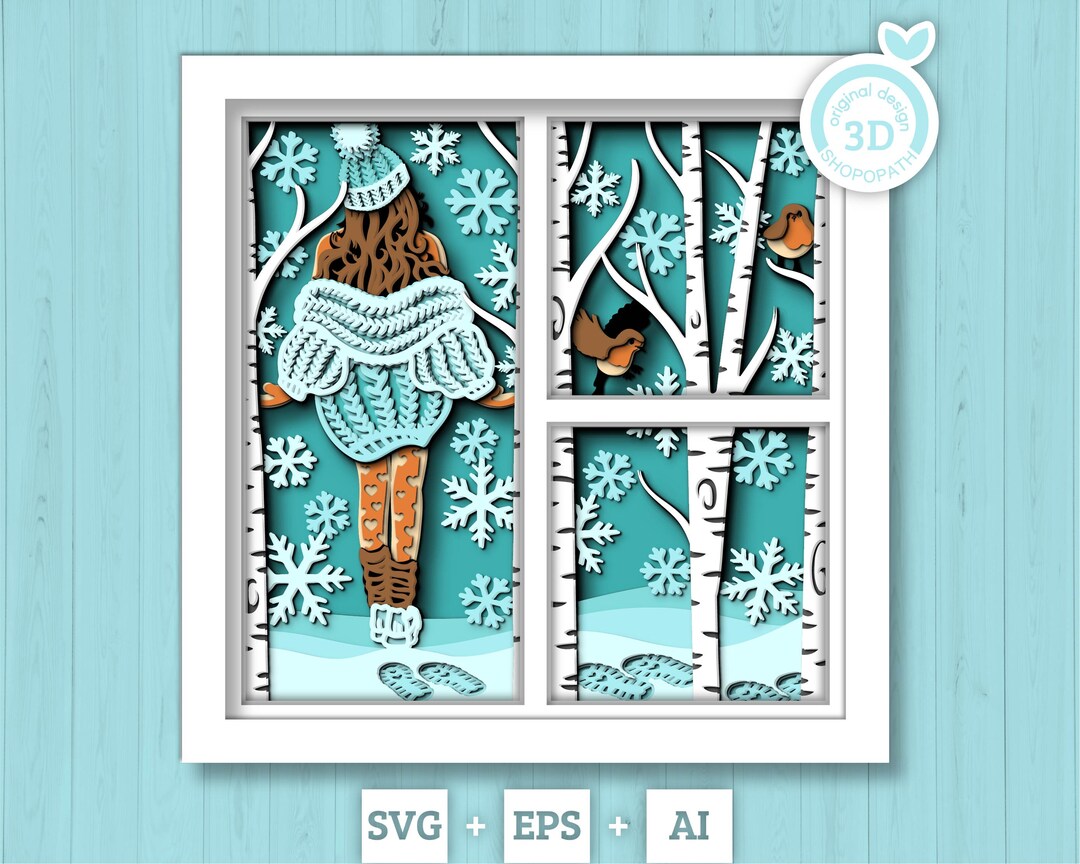 3D SVG Winter Shadow Box, Layered Robin Shadow Box Svg, Snowflakes 3D ...
