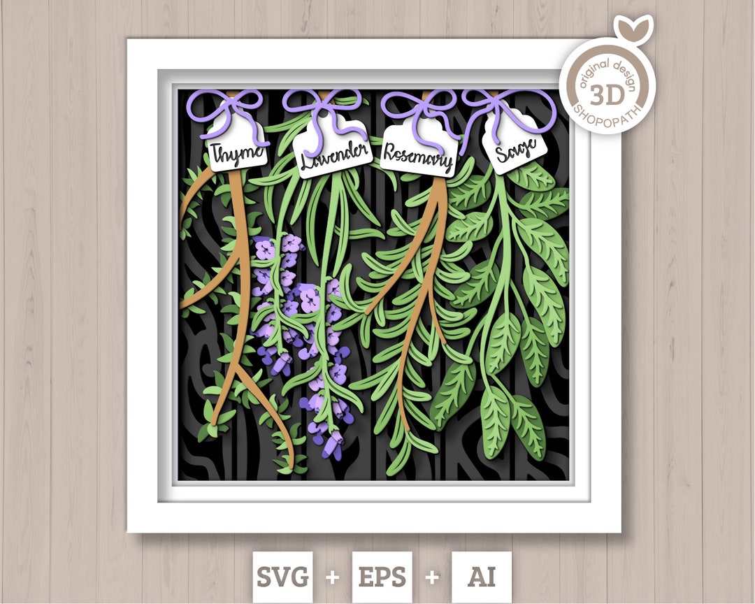 3D SVG Herbs Shadow Box SVG Herbs Garden With Leaves and Flowers With ...