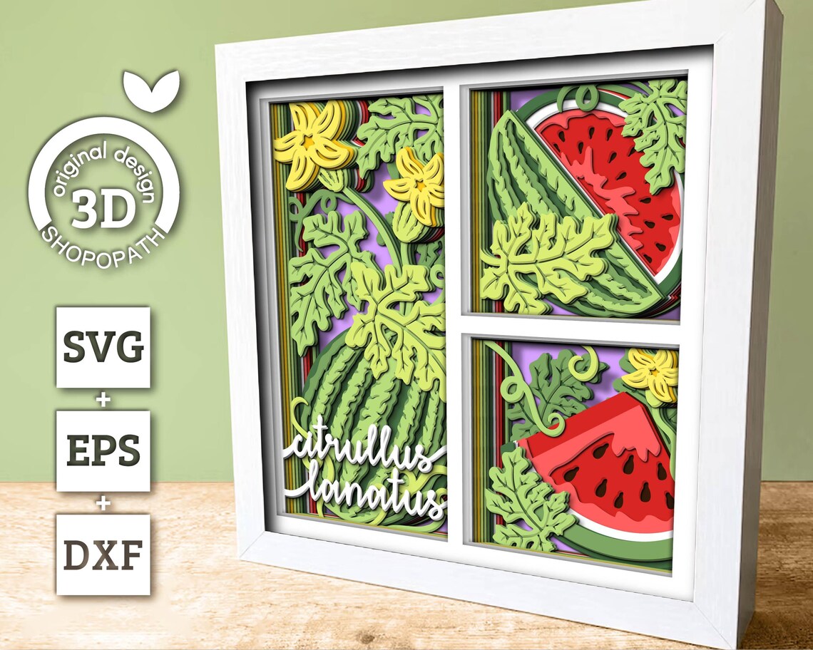 Watermelon Fruit With Vines Panels - 3D Shadow Box Layered SVG DXF EPS ...