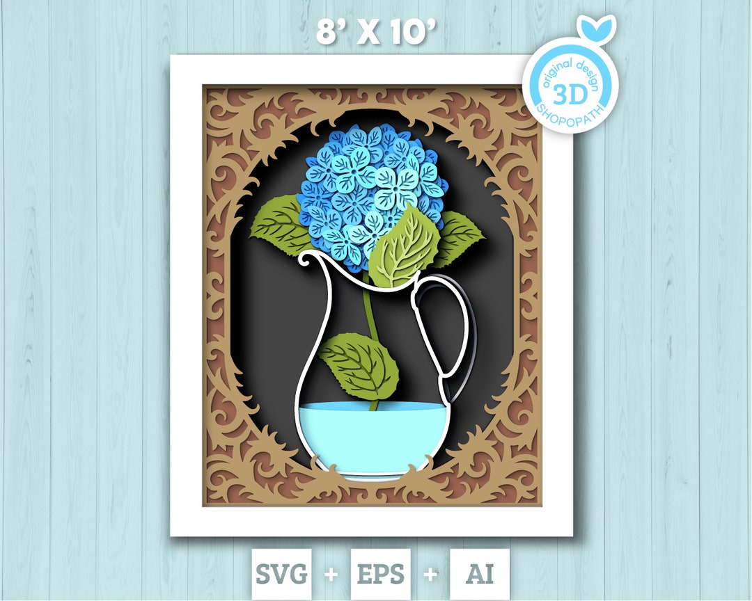 3D Hydrangea Flowers Shadow Box SVG, 8x10 Inch Layered Hortensia 3D Svg ...