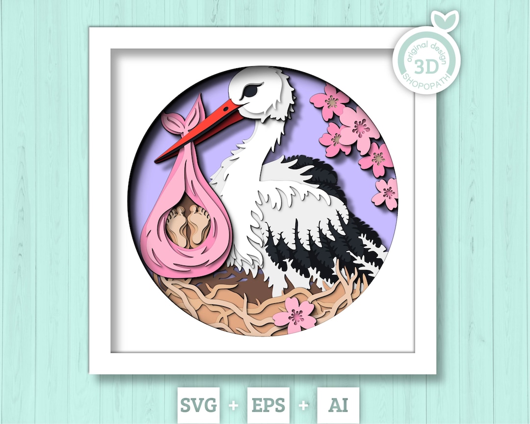 3D Stork Baby Delivery Shadow Box SVG, Cute Baby 3d Svg, Baby Shower ...