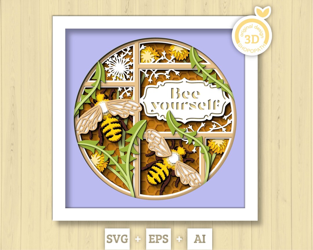 3D Bee Shadow Box SVG Layered Dandelions SVG, Spring Shadow Box, Honey Bee 3D Svg, Leaves and ...