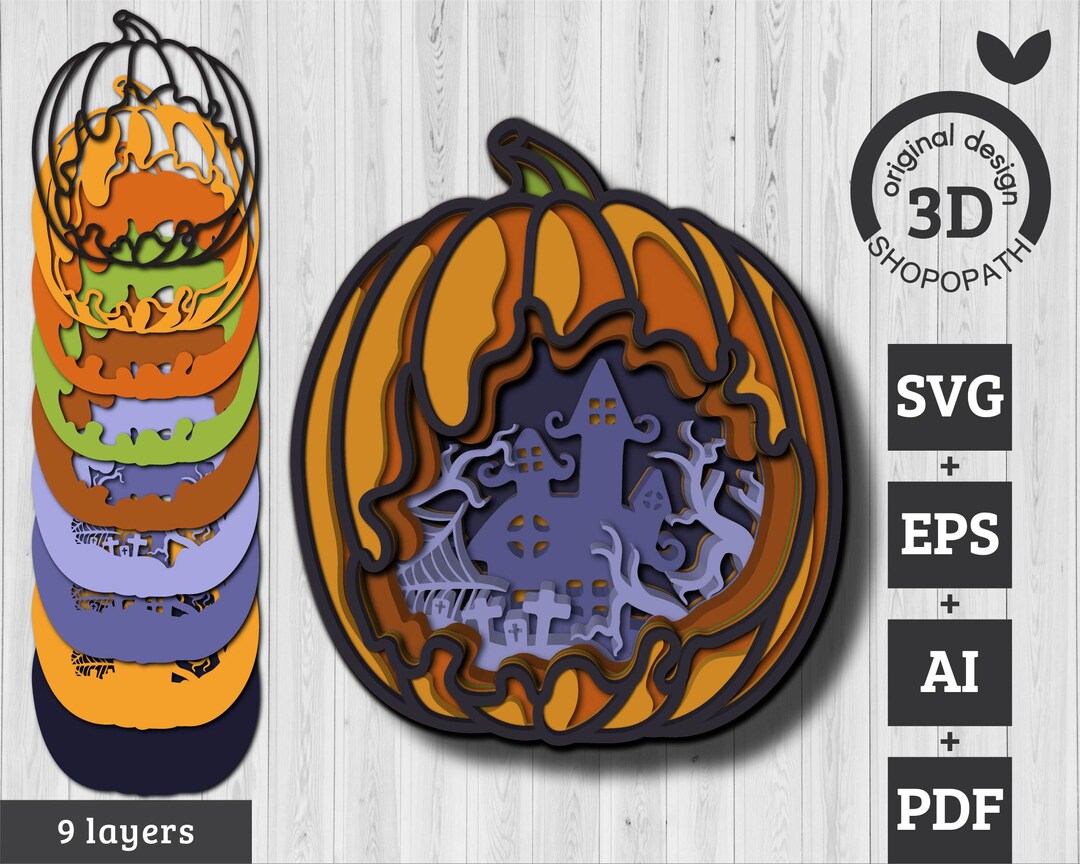 3D Layered Halloween Pumpkin SVG PDF EPS, Layered Witch Svg, Graveyard ...