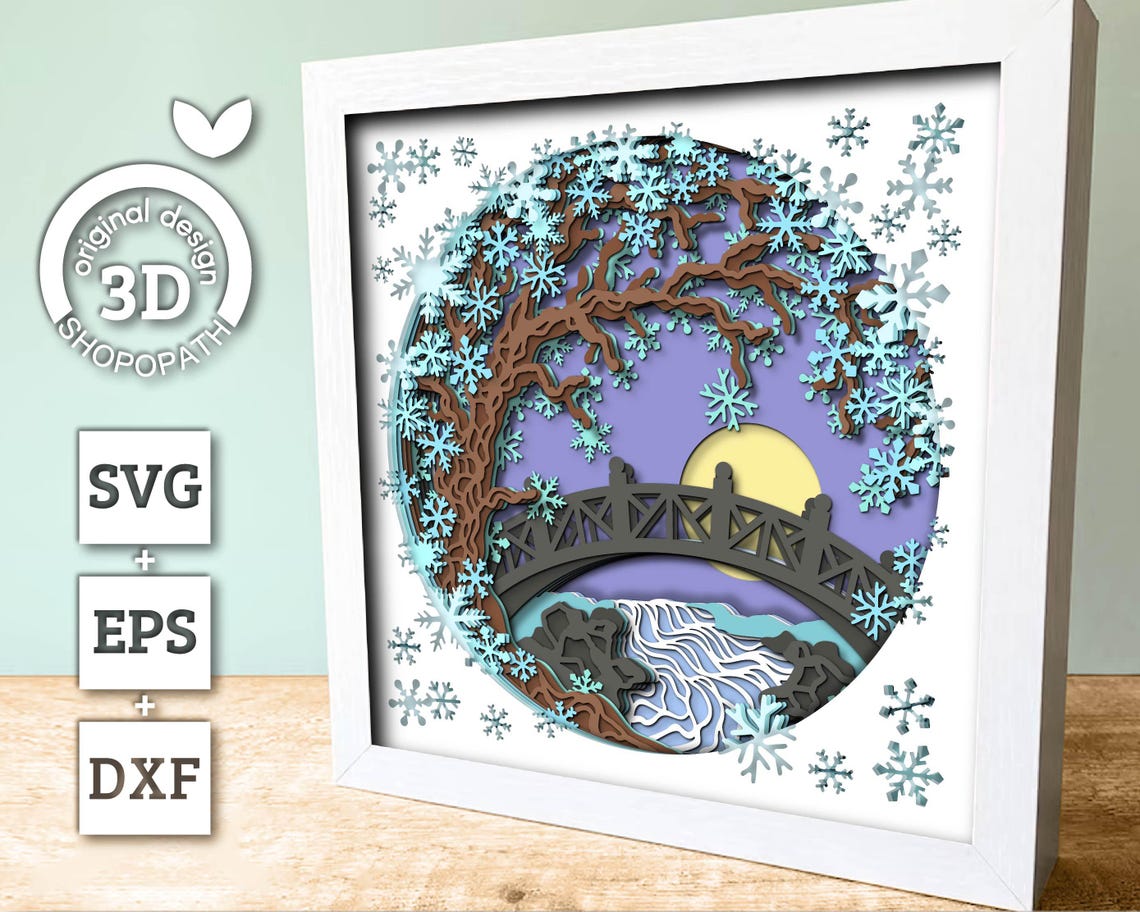 3D SVG Winter Tree With A Footbridge Over a Stream Shadow Box, 3D ...