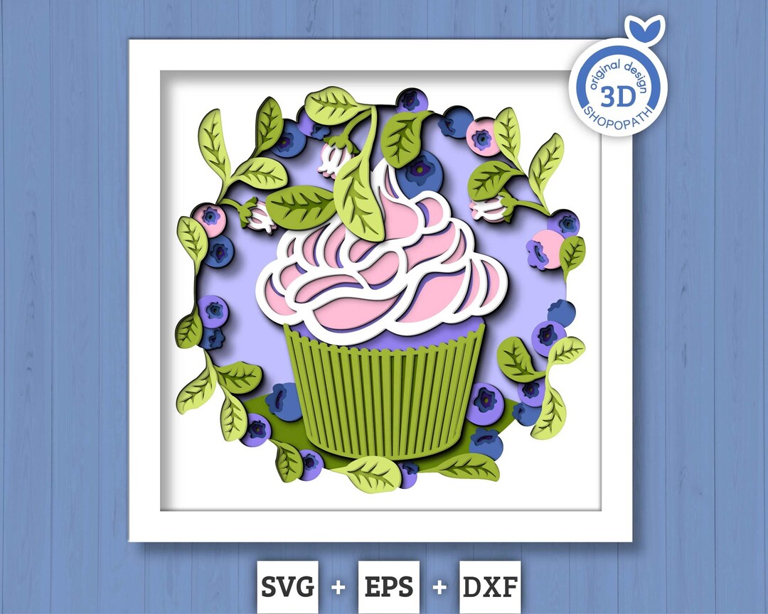 Blueberry Cupcake With Frosting - 3D Shadow Box Layered SVG DXF EPS ...