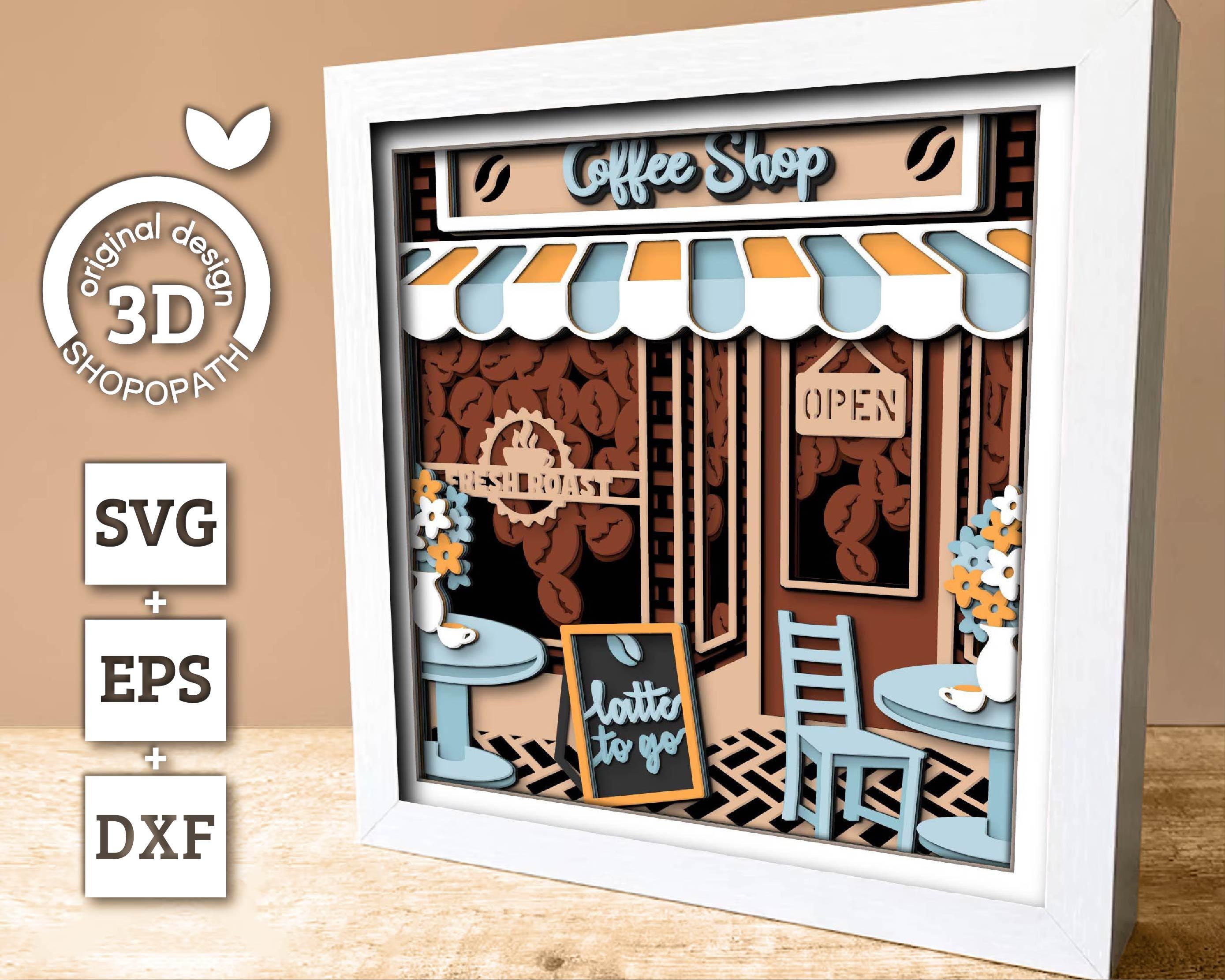 Coffee Shop With Terrace - 3D Shadow Box Layered SVG DXF EPS (cutting ...
