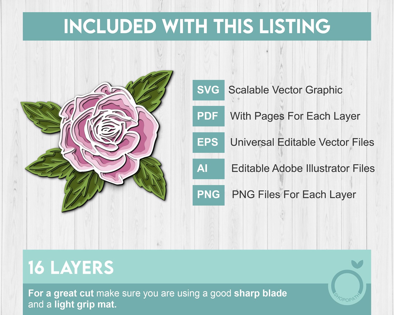 3D Layered Rose With Leaves SVG PDF EPS, Layered Flower Svg, Layered ...