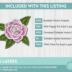 3D Layered Rose With Leaves SVG PDF EPS, Layered Flower Svg, Layered ...