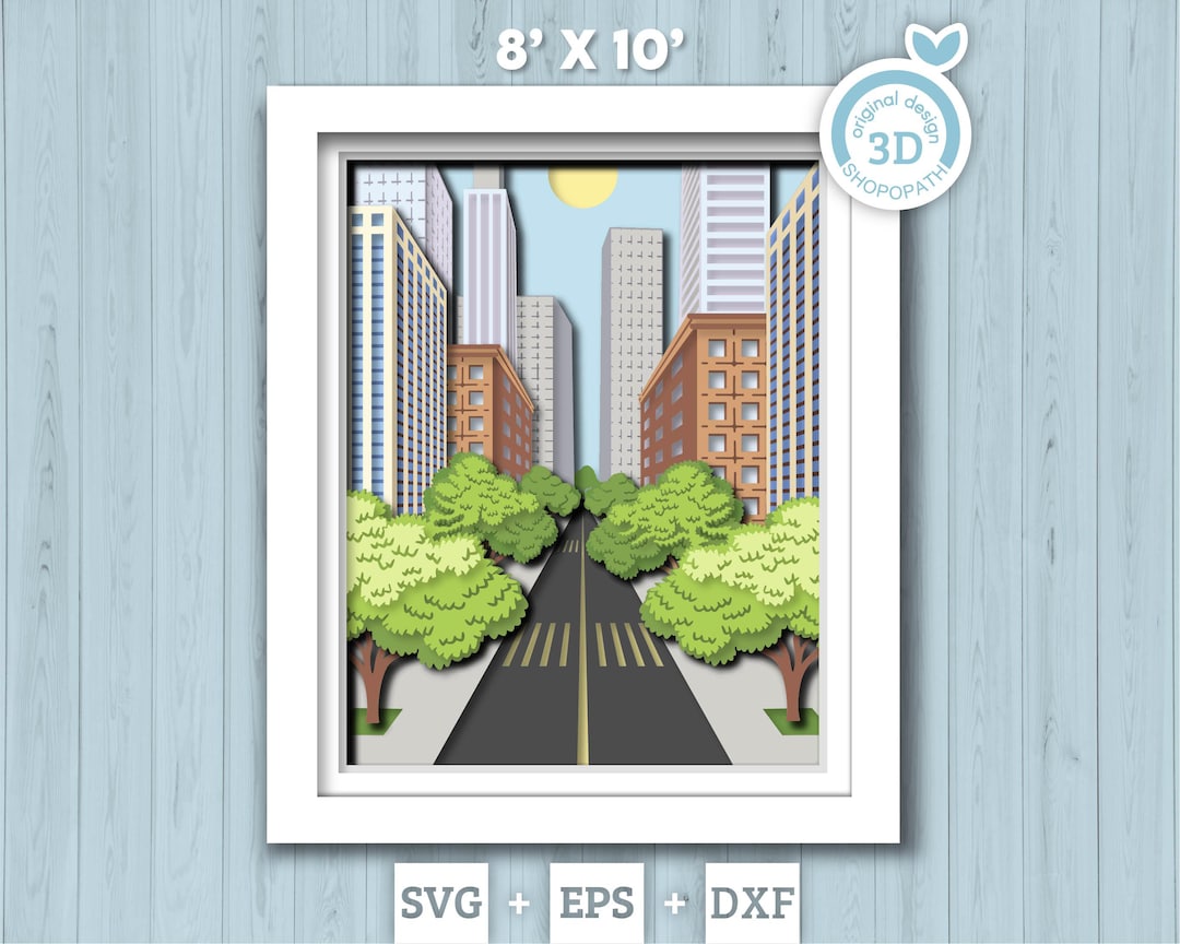 Cityscape Shadow Box 3D SVG 8x10 With Skyscraper and Trees in ...