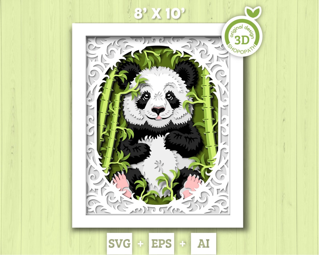 3D SVG Panda With Bamboo Shadow Box, 8x10 Inch Panda Bear 3D SVG, 3D ...