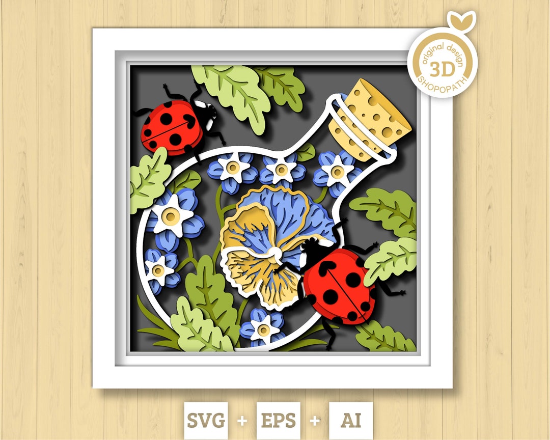 3D SVG Ladybugs in Bottle Shadow Box, Layered Pansy 3D SVG, Summer ...
