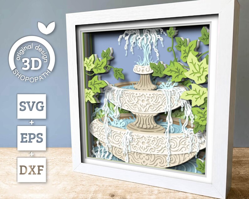 Water Fountain With Ivy Leaves - 3D Shadow Box Layered SVG DXF EPS ...