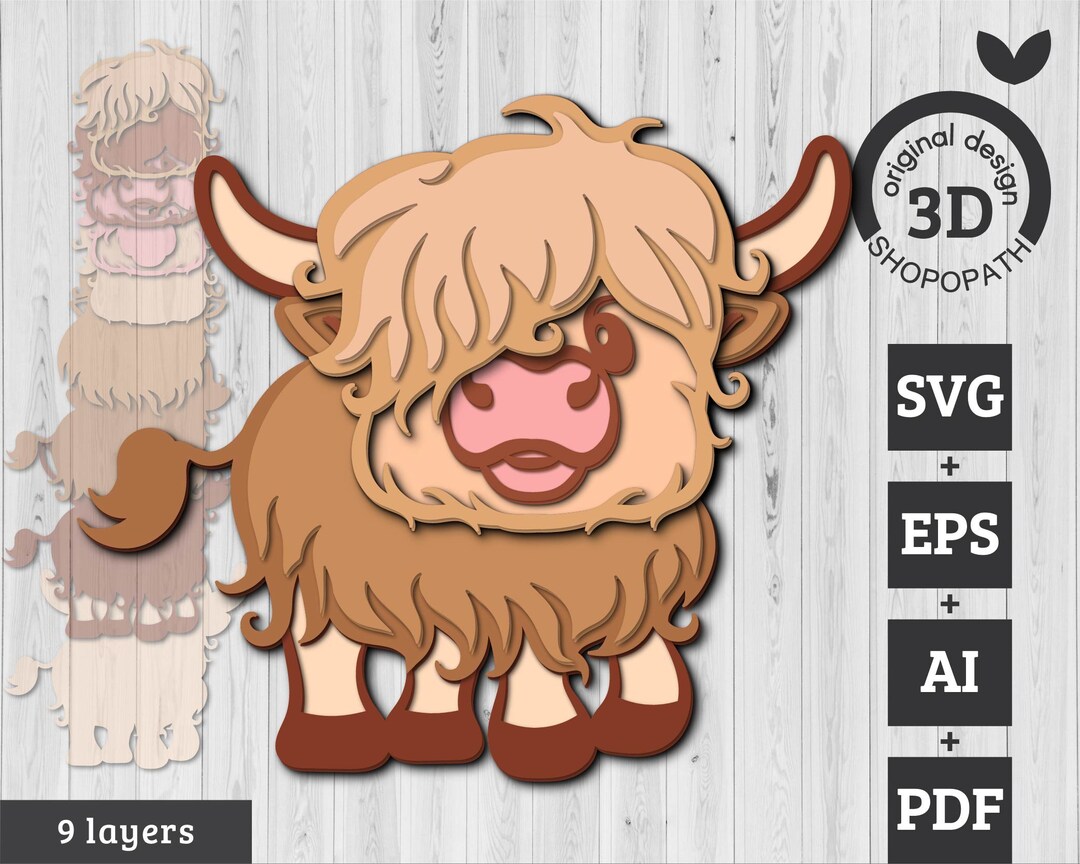 3D Layered Highland Cow SVG PDF EPS, Layered Cow Svg, Layered Papercut ...