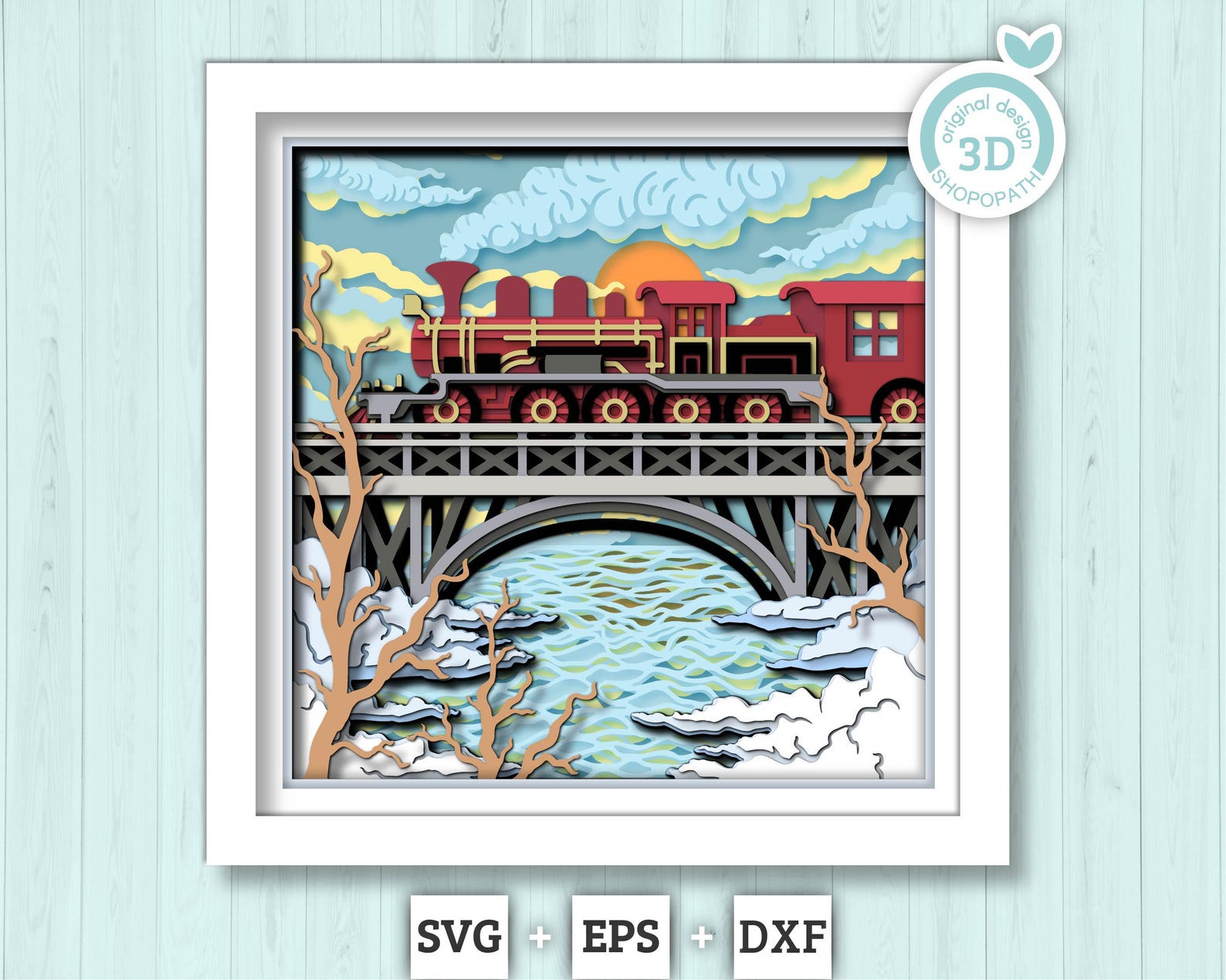 Winter Train on Bridge - 3D Shadow Box Layered SVG DXF EPS (cutting ...