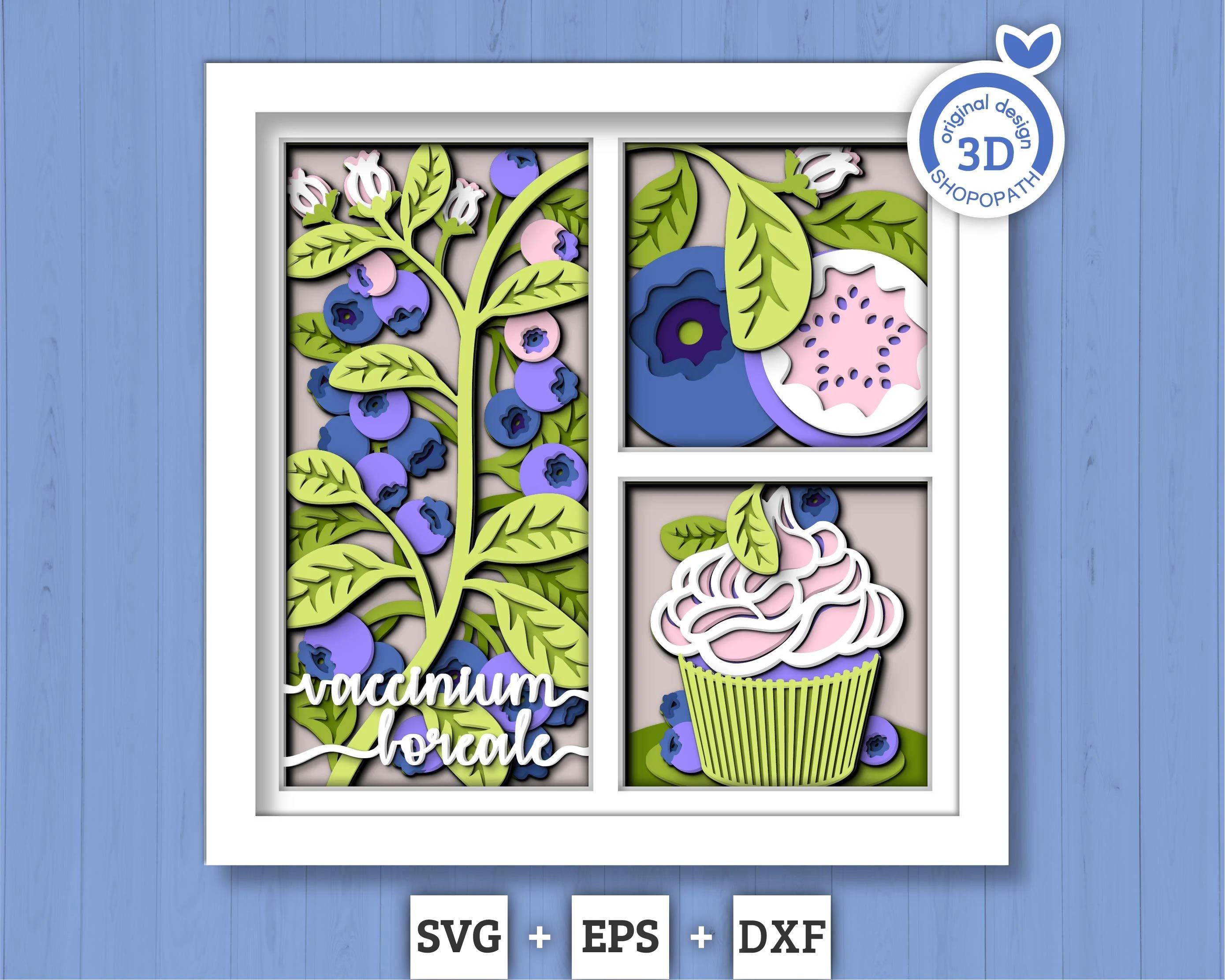 Blueberry Fruit With Cupcake Panels - 3D Shadow Box Layered SVG DXF EPS ...