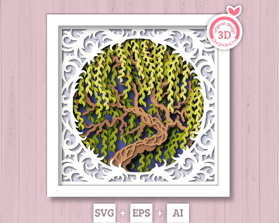 3D Willow Tree With Lace Frame Shadow Box SVG, Willow Tree 3D SVG, 3D ...