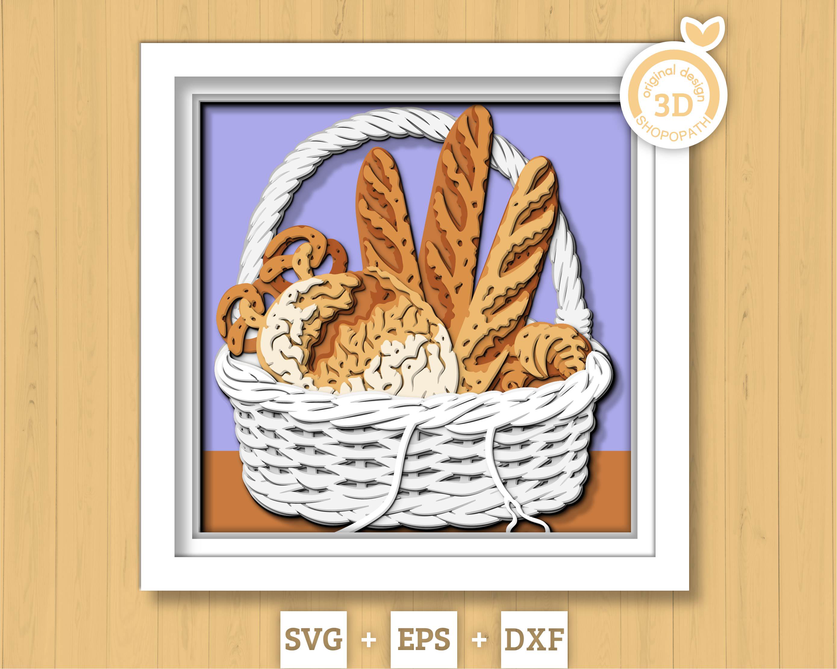 Bakery Basket Shadow Box 3D SVG With Bread, Pretzels, Croissants and ...