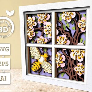 3D Bee With Spring Blossoms Shadow Box SVG, Layered Flower SVG, Bee Shadow Box, Honey Bee Svg ...