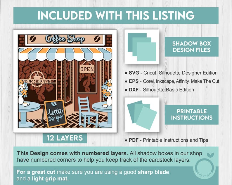 Coffee Shop With Terrace - 3D Shadow Box Layered SVG DXF EPS (cutting ...
