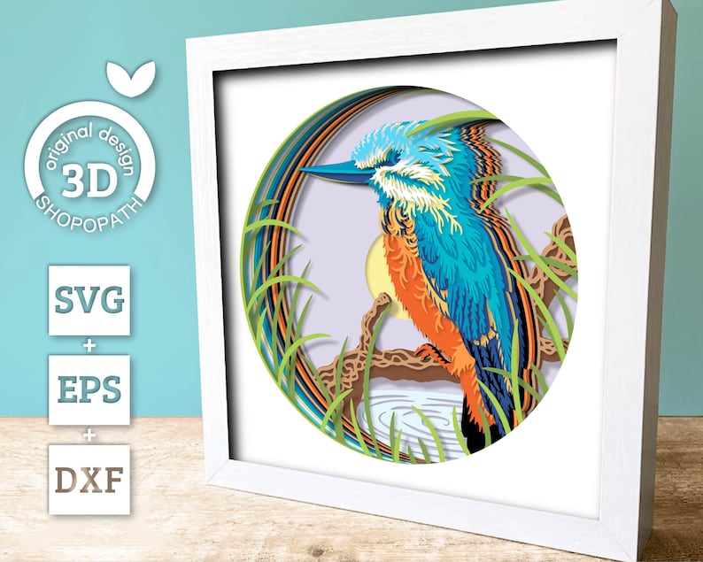 Kingfisher on Branch - 3D Shadow Box Layered SVG DXF EPS (cutting Files ...