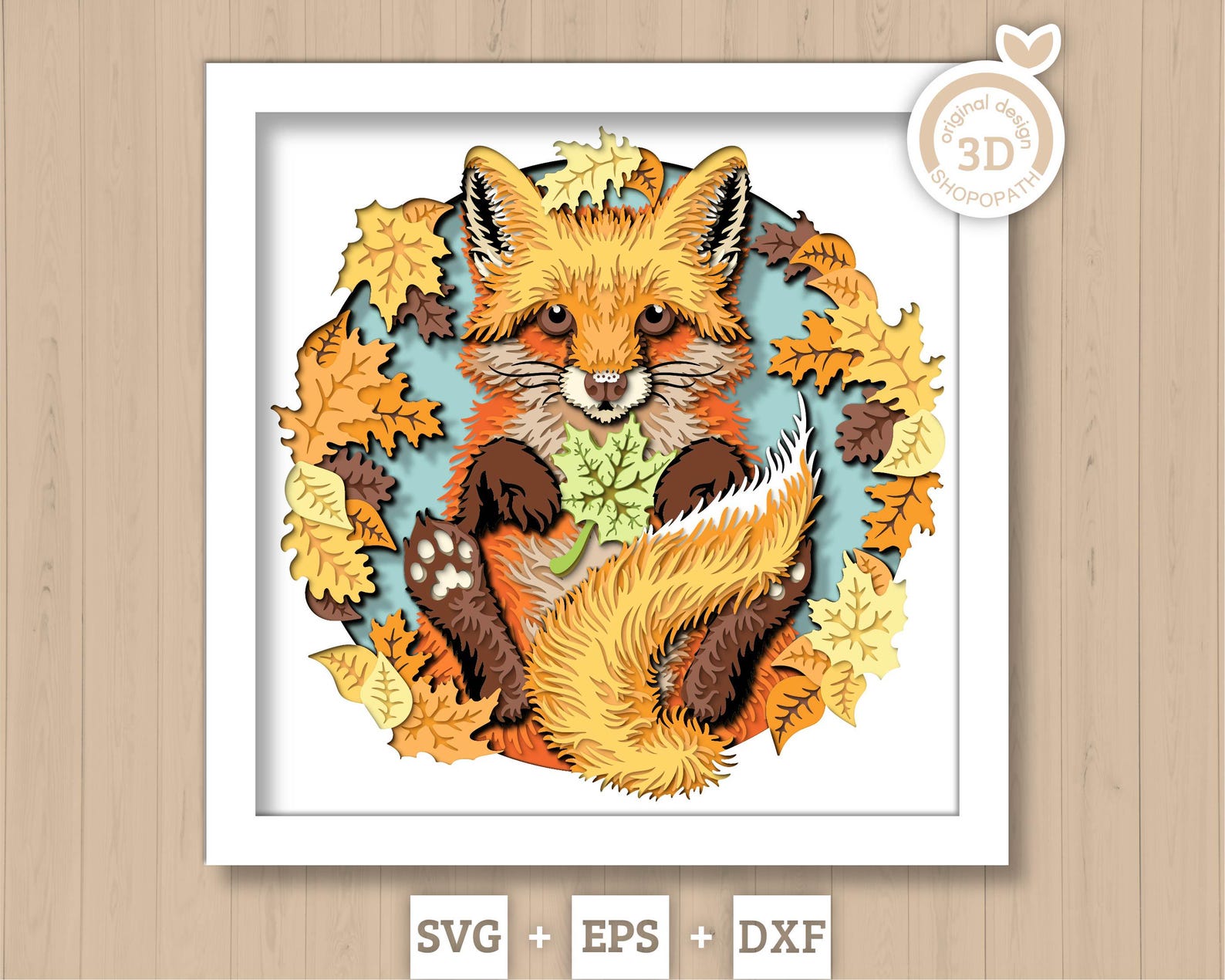 Baby Fox Shadow Box 3D SVG Lying on Its Back Surrounded by Fall Leaves ...