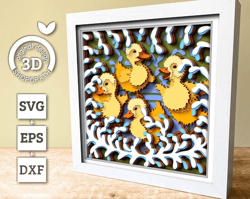 Spring Baby Ducks Playing - 3D Shadow Box Layered SVG DXF EPS (cutting ...