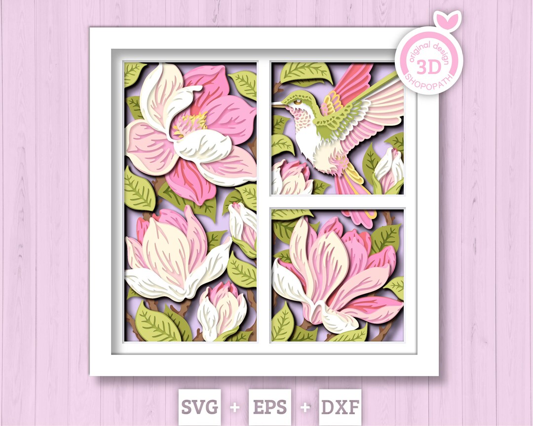 Hummingbird With Magnolia Flowers Panels - 3D Shadow Box Layered SVG ...