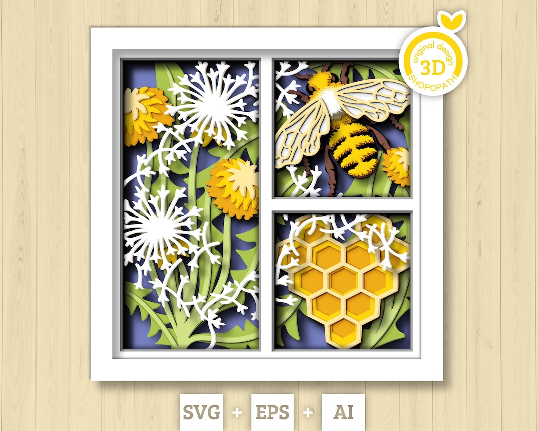 3D Bee Shadow Box SVG Layered Dandelions SVG, Spring Shadow Box, Honey ...