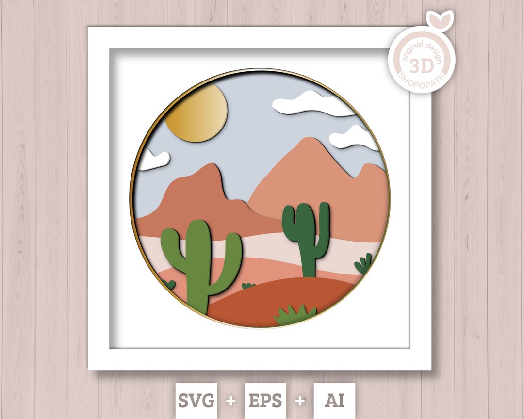 3D SVG Boho Desert Shadow Box, 3d Canyon Shadow Box Svg, Cactus 3D Svg ...