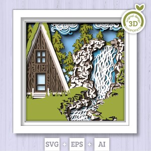 3D SVG Waterfall With Cabin Shadow Box, Layered Cabin SVG, Waterfall ...