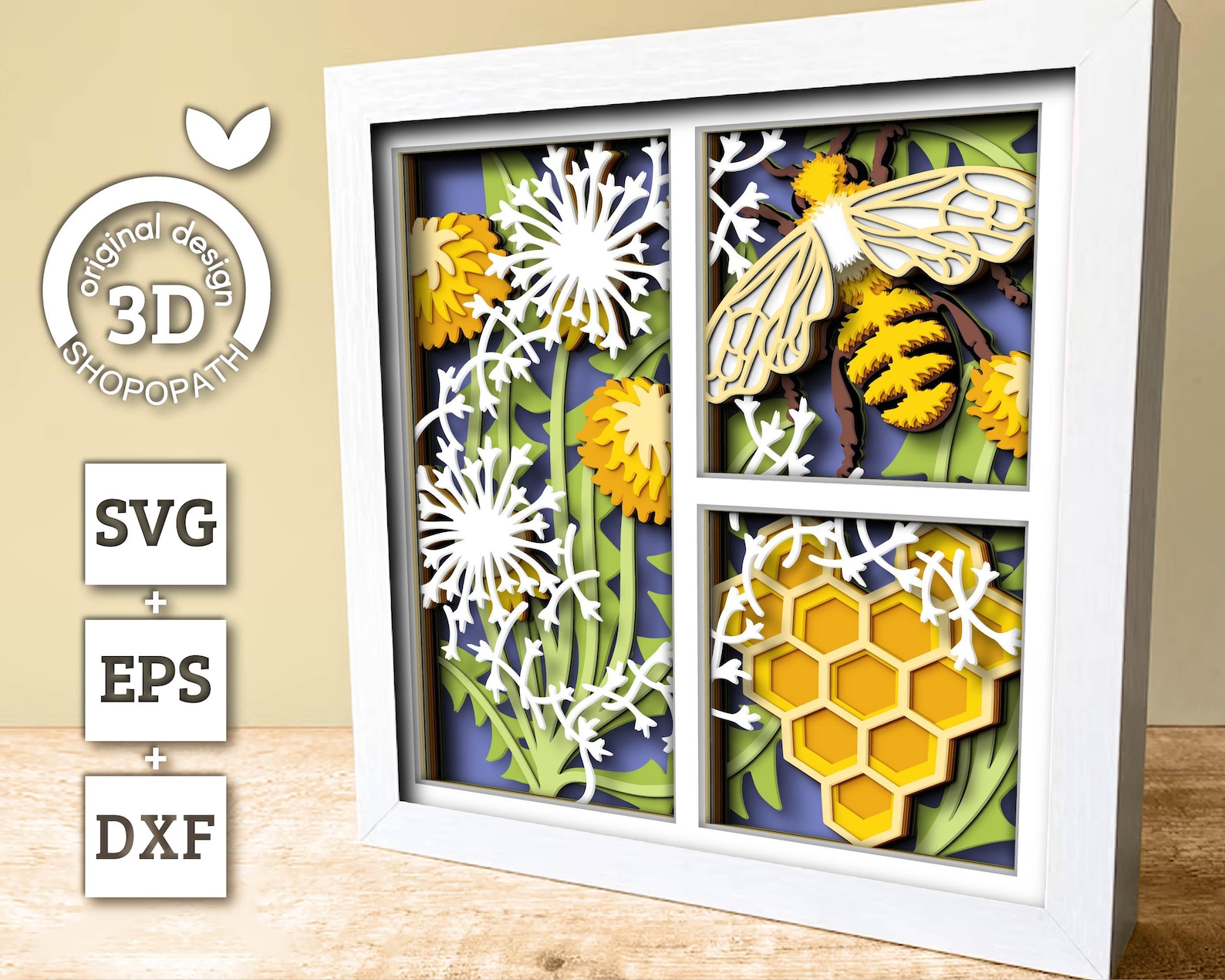 Bee With Honeycomb Panels - 3D Shadow Box Layered SVG DXF EPS (cutting ...