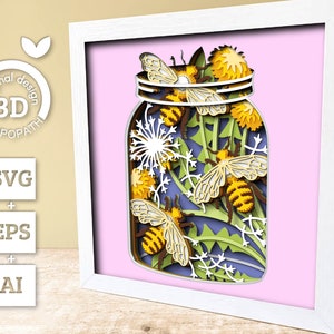3D Bees in Jar Shadow Box SVG Layered Dandelions SVG, Spring Shadow Box ...