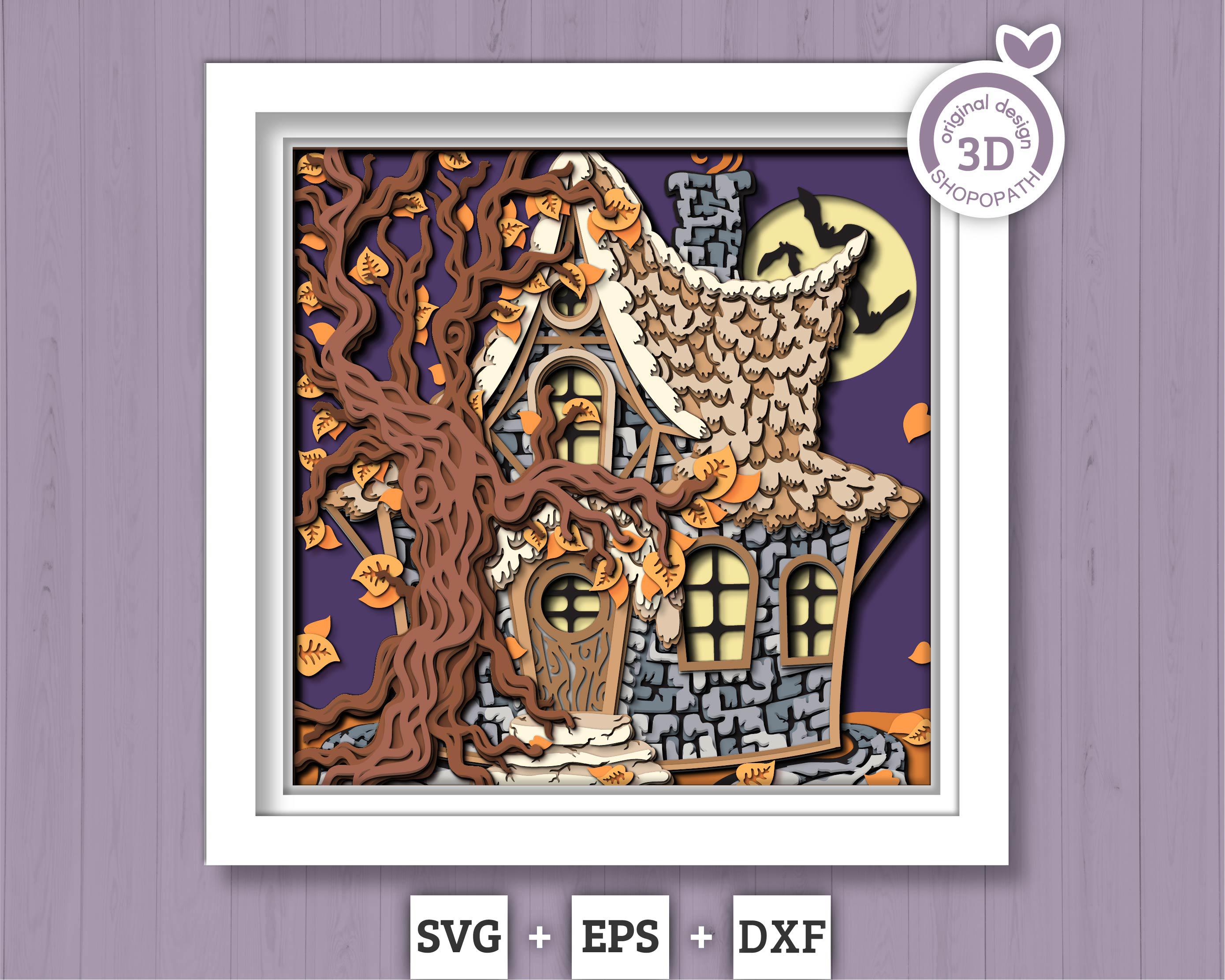 3D SVG Witch Hut Shadow Box, Halloween Shadow Box 3D Svg, Haunted Hut ...