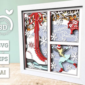 3D SVG Ice Skating Shadow Box, Layered Winter Shadow Box Svg ...