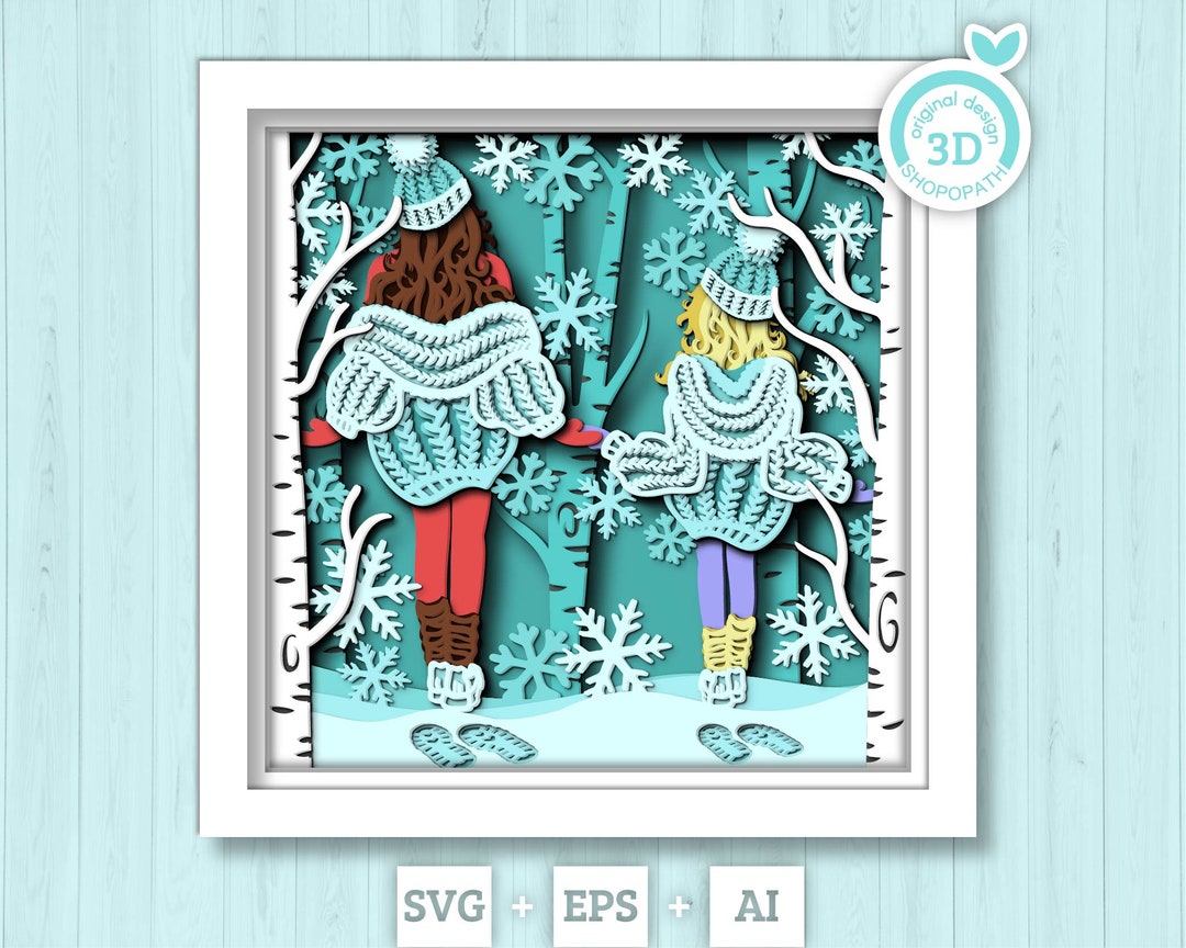 3D SVG Winter Shadow Box, Layered Family Shadow Box Svg, Snowflakes 3D ...