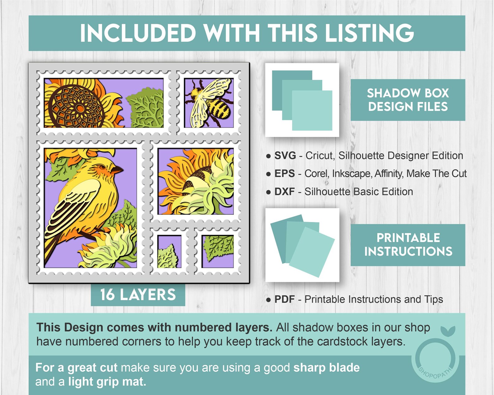 3D Layered Sunflowers With Honey Bee and Goldfinch Stamp Frame Shadow ...