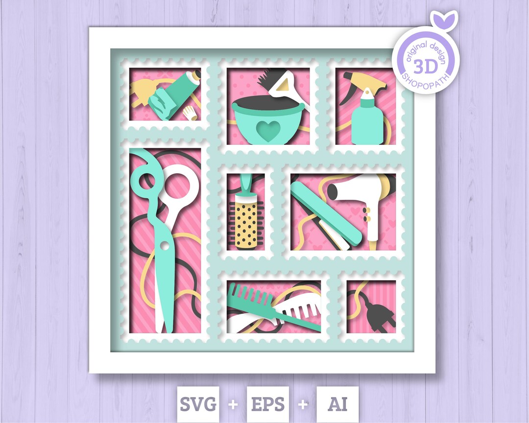 3D Hair Style Stamps Frame Shadow Box SVG, Flat Iron 3d Svg, Hair Salon ...