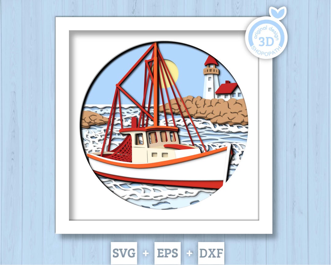 3D Boat Shadow Box SVG With Lighthouse Nautical Layered Design for ...