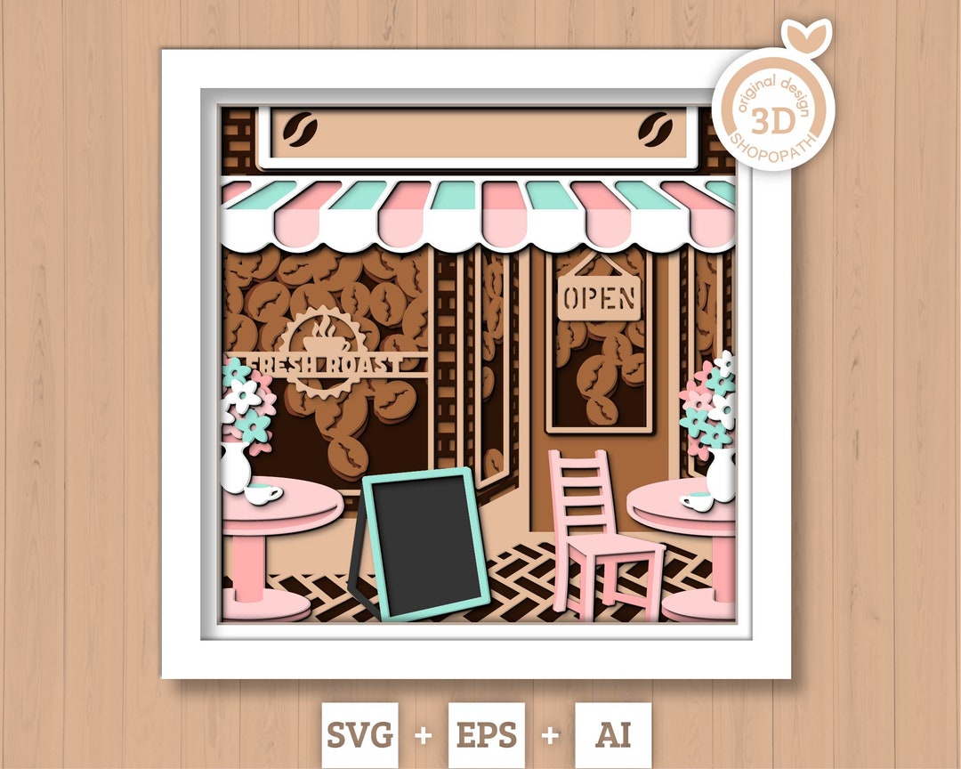 3D SVG Customisable Coffee Shop Shadow Box, Coffee Latte 3D Svg, Coffee ...