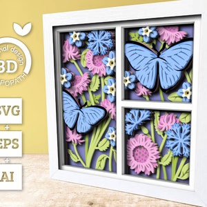 3D Butterfly Shadow Box SVG, Layered Wild Flowers SVG, Spring Shadow ...