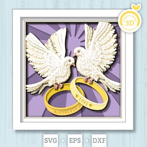 Wedding Doves Shadow Box 3D SVG With Rings, Engagement Gift, Peace ...
