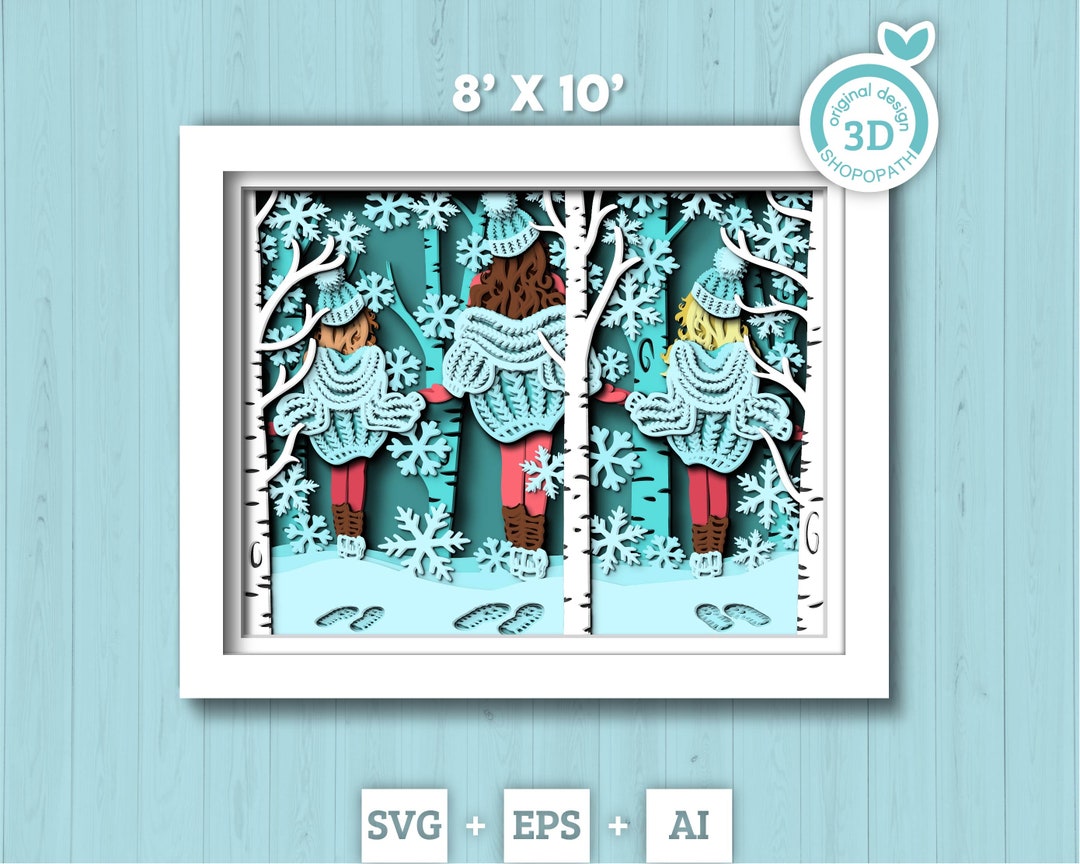 3D SVG Winter Shadow Box, 8x10 Inch Layered Family Shadow Box Svg, Snowflakes 3D Svg, Birch ...