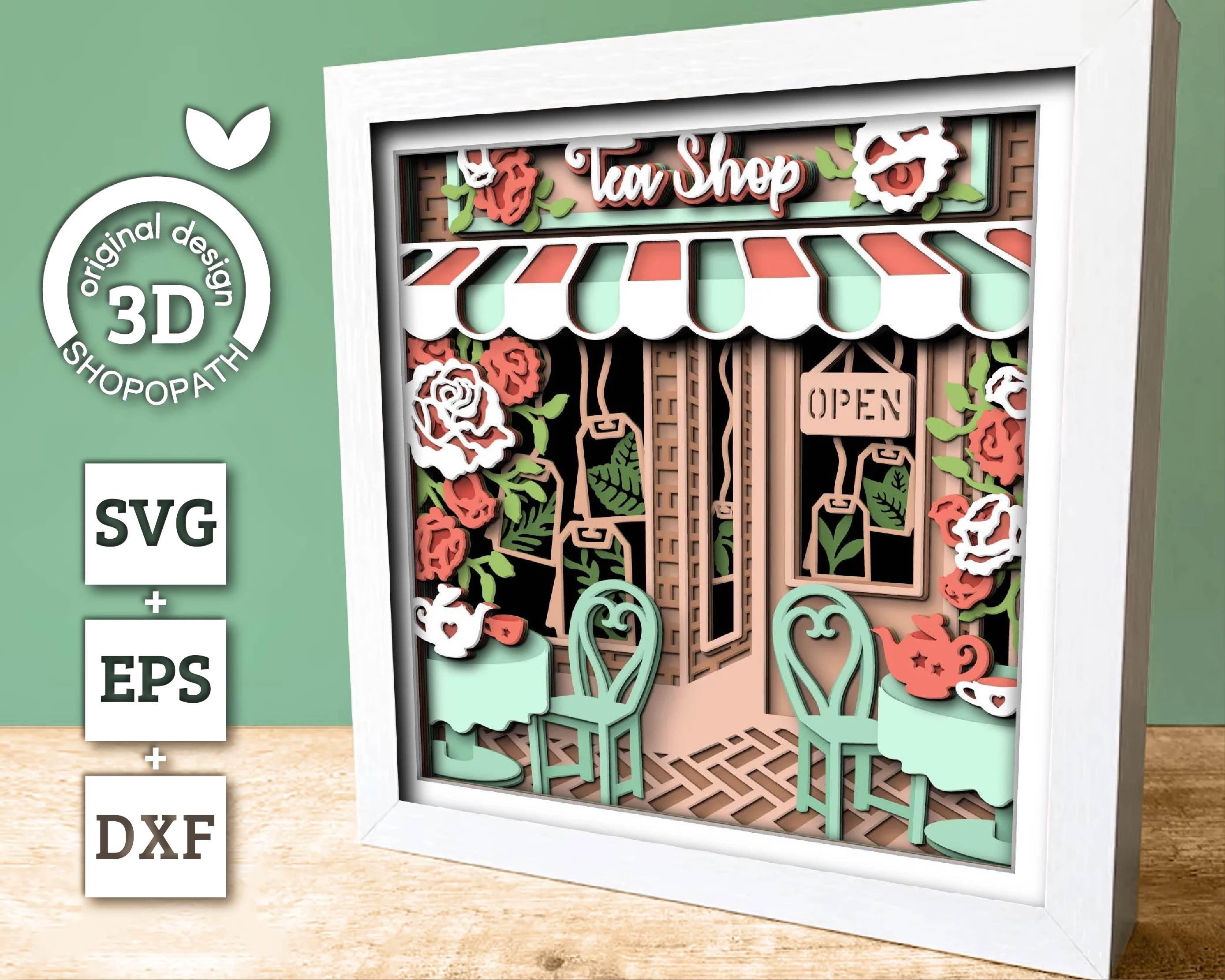 3D SVG Tea Shop Shadow Box, Tea Party 3D Svg, Tea Store 3d Svg, Roses ...