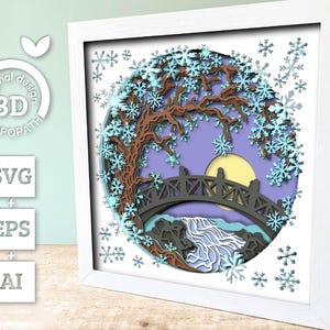3D SVG Winter Tree With A Footbridge Over a Stream Shadow Box, 3D ...